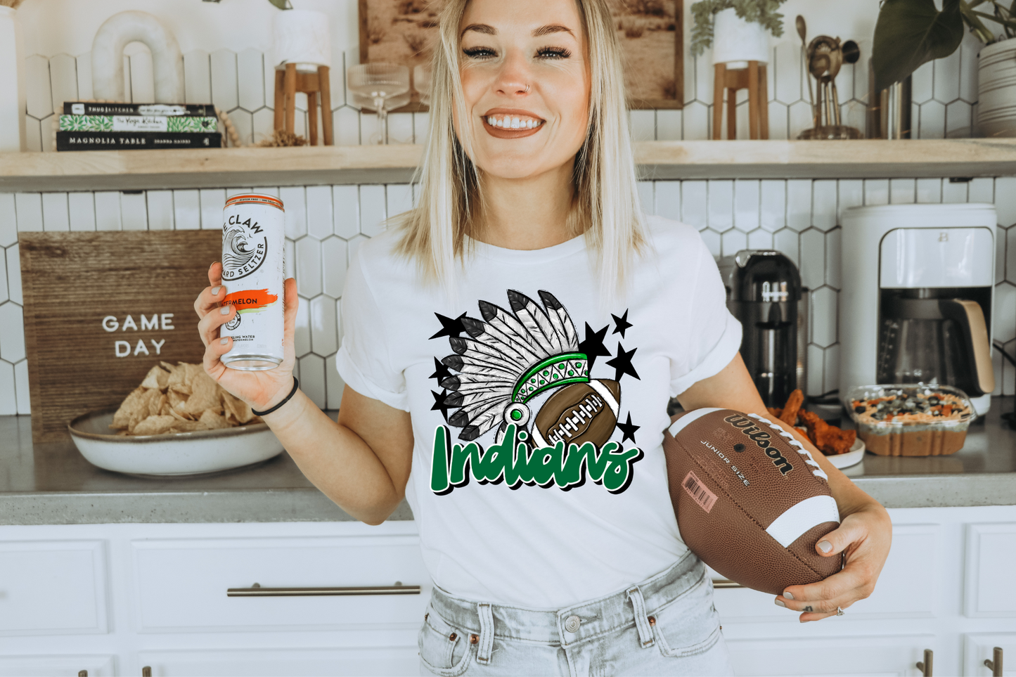 Indians with headdress- green letters – Earthline Customs