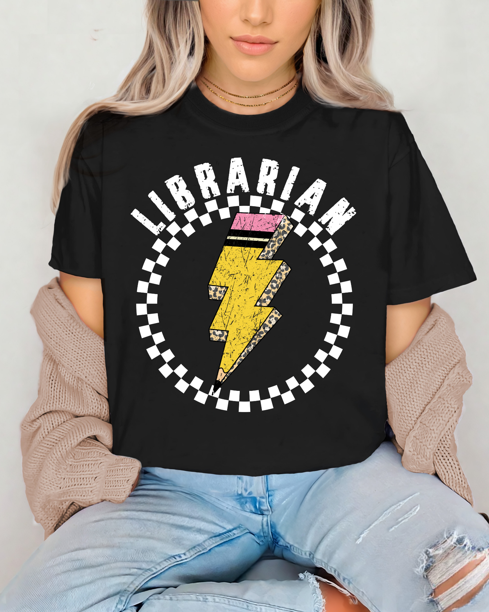 Librarian Pencil Lightning Bolt With Checkered Circle – Earthline Customs