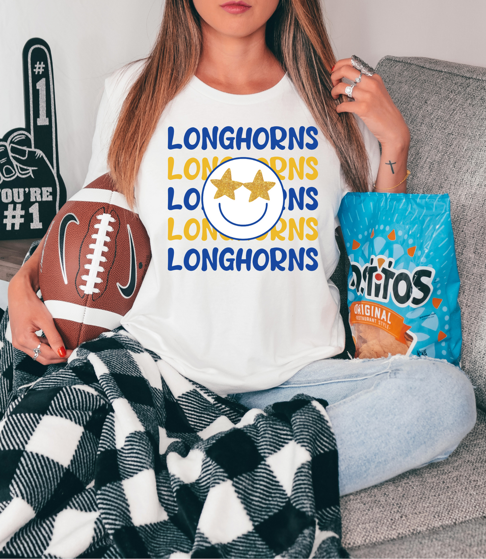 Longhorns with smiley - blue and yellow letters – Earthline Customs