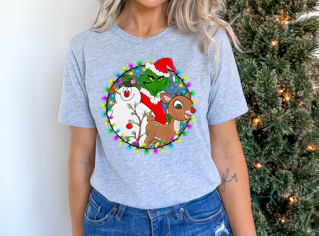 Grinch, Frosty and Rudolph surrounded by lights – Earthline Customs