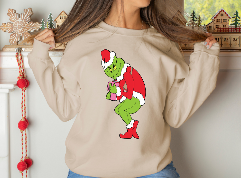 Grinch in Santa suit with iced coffee - sneaking – Earthline Customs