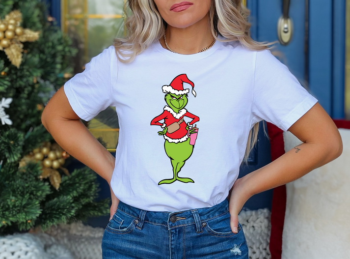 Grinch in Santa suit with iced coffee - hands on hips – Earthline Customs