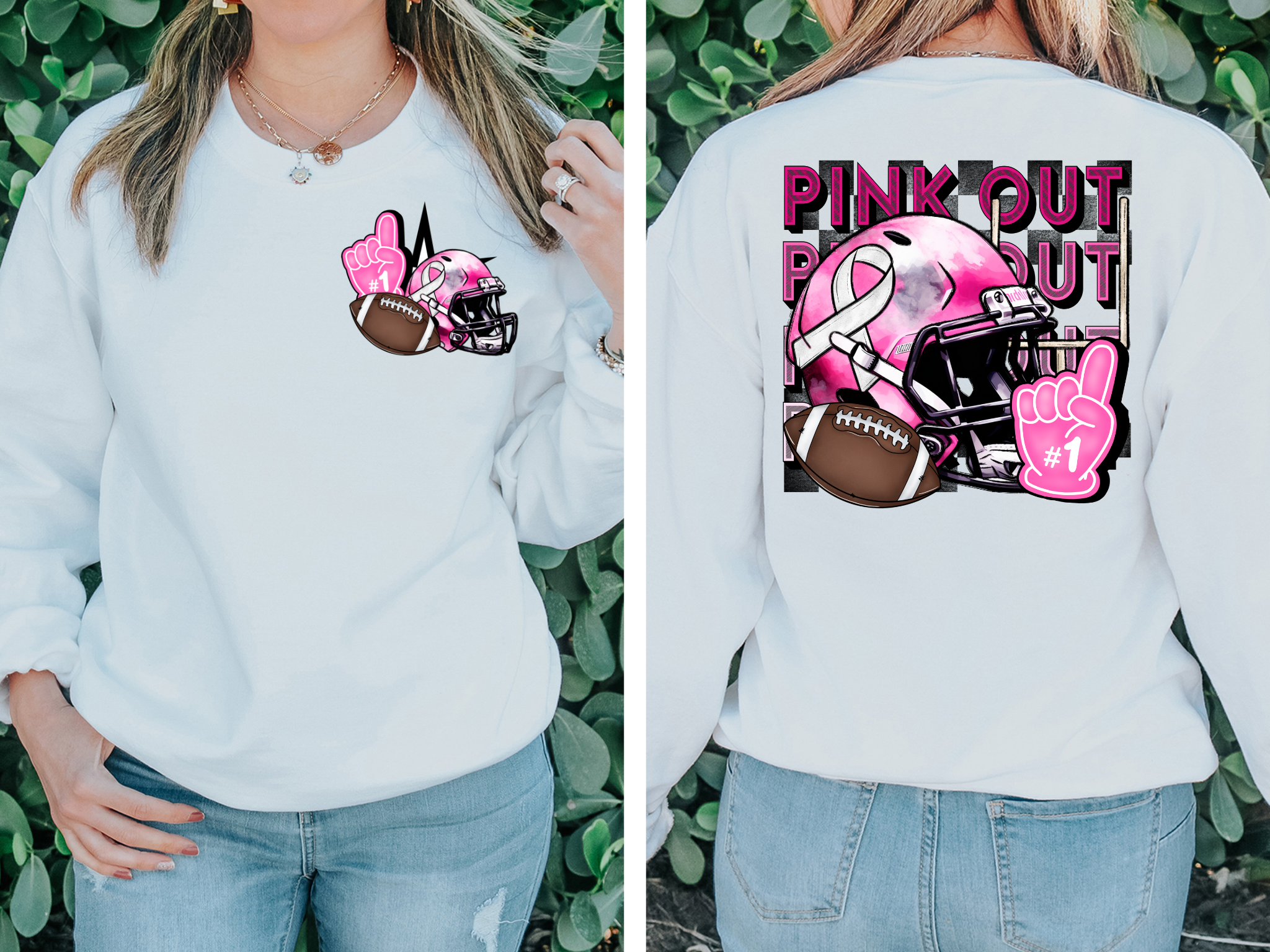 Breast cancer helmet, football, foam finger - front – Earthline Customs