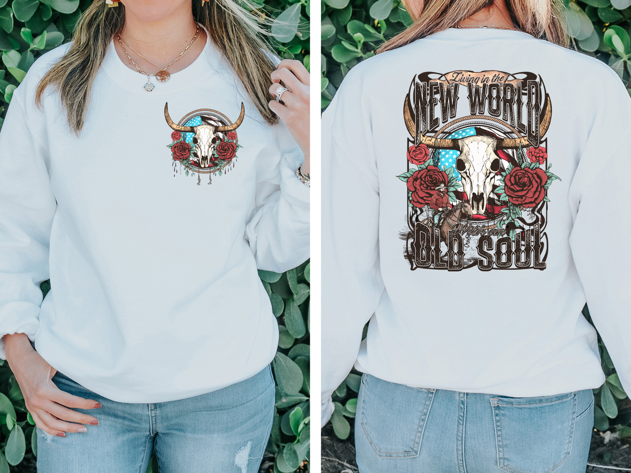Living in the new world with an old soul, Bull skull with American fla ...